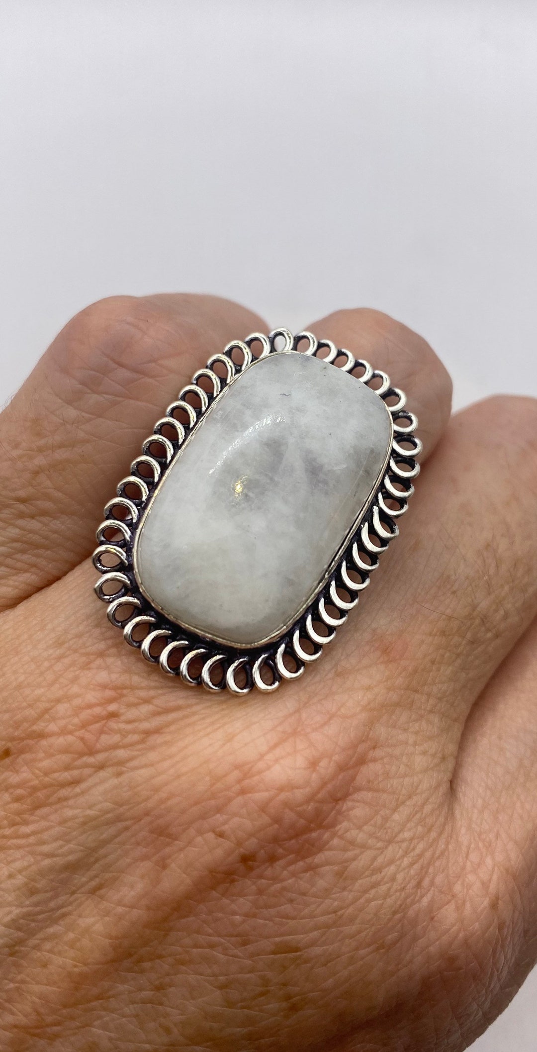 Vintage Large Blue White Rainbow Moonstone Stone Silver Ring - Etsy