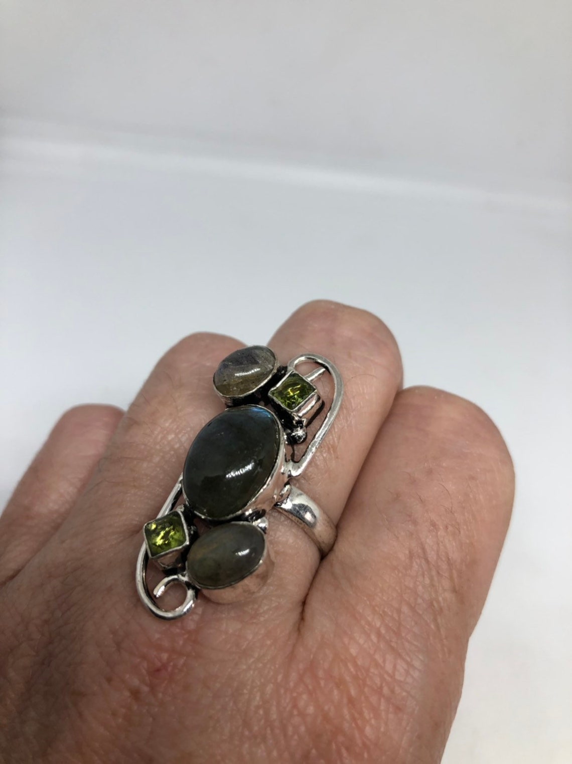 Vintage Large Blue Green Labradorite and Peridot Stone Silver - Etsy