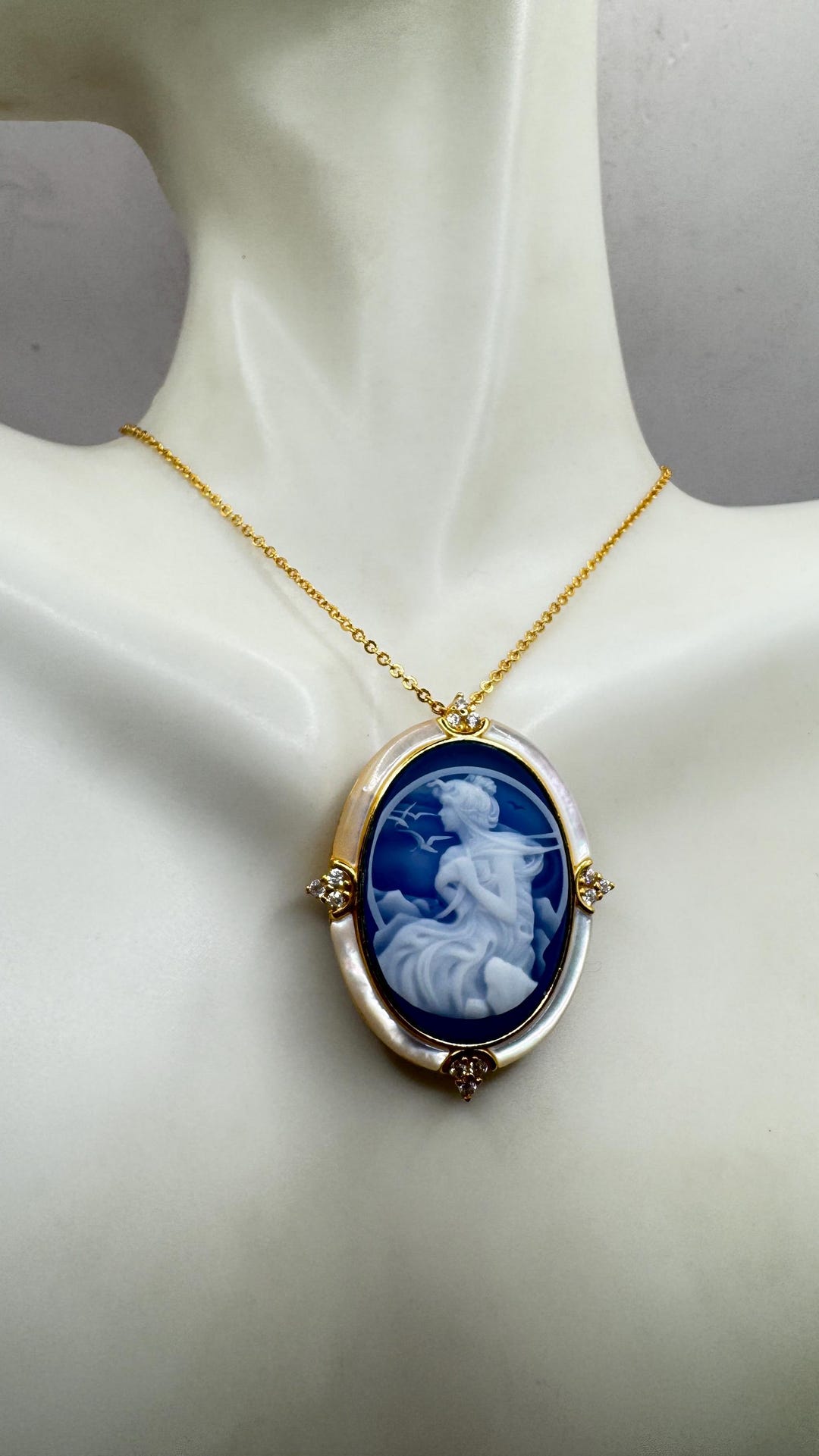 Vintage Moon Goddess Genuine Blue Onyx Cameo Sterling Silver Necklace ...