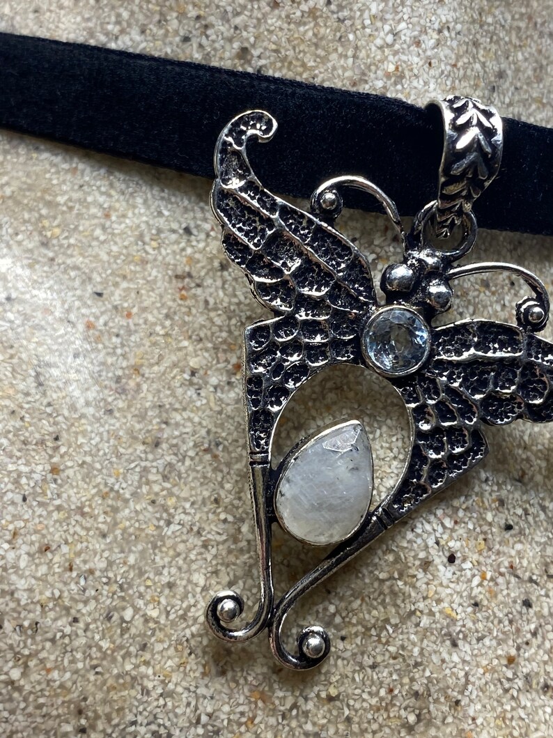 Vintage Lunar Moth Choker Blue Aquamarine Rainbow Moonstone Necklace - Etsy