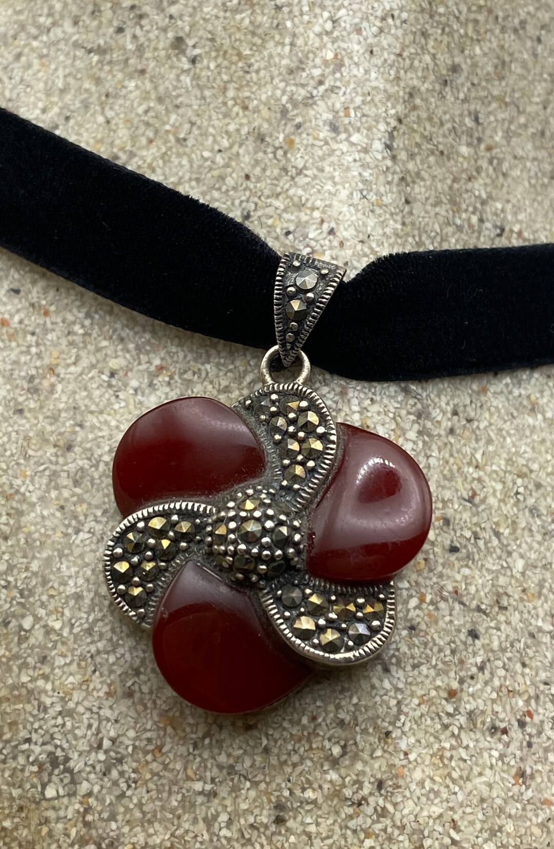 Vintage Marcasite Carnelian Choker 925 Sterling Silver Flower Necklace ...