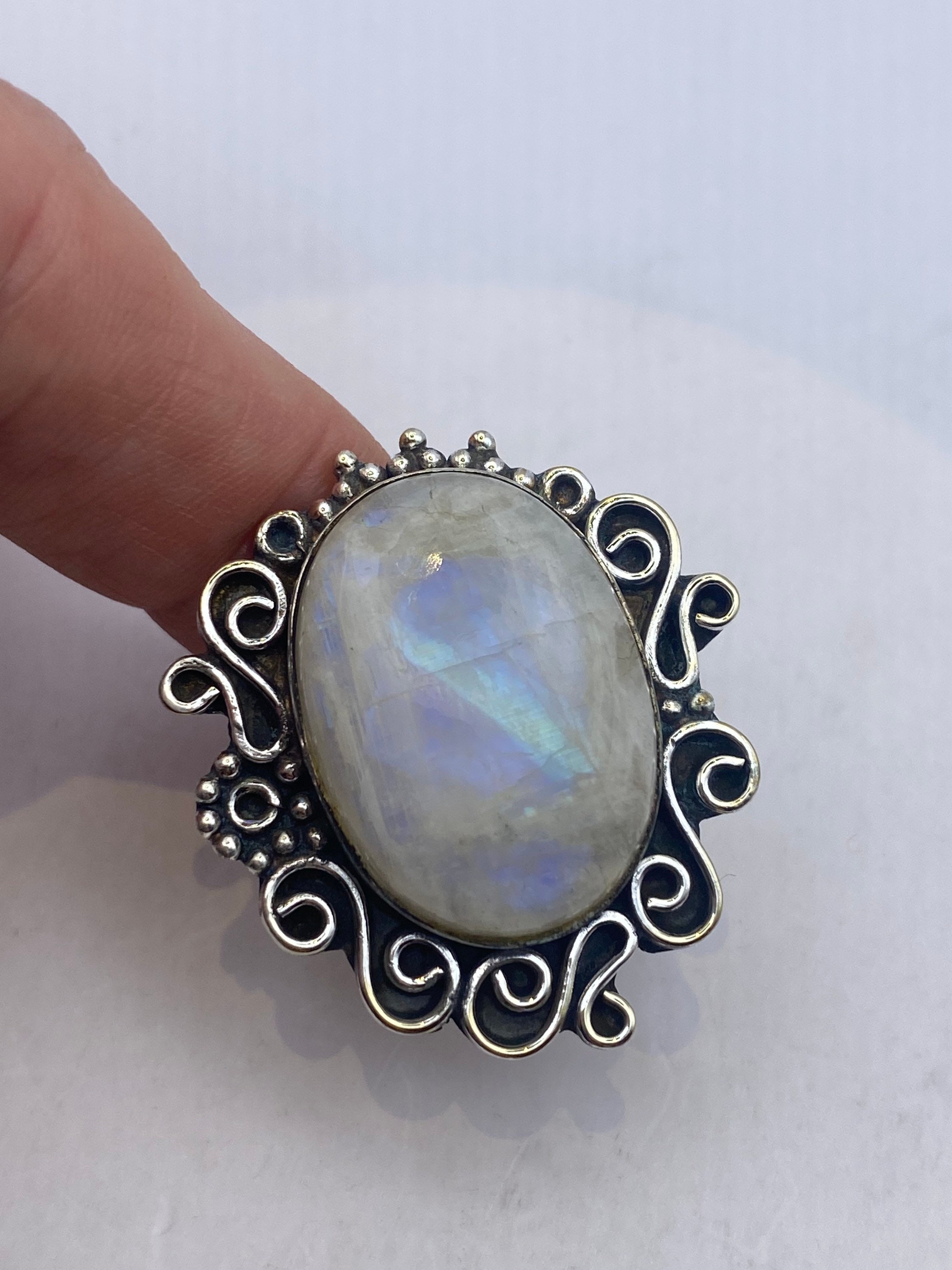 Vintage Large Blue White Rainbow Moonstone Stone Silver Ring - Etsy