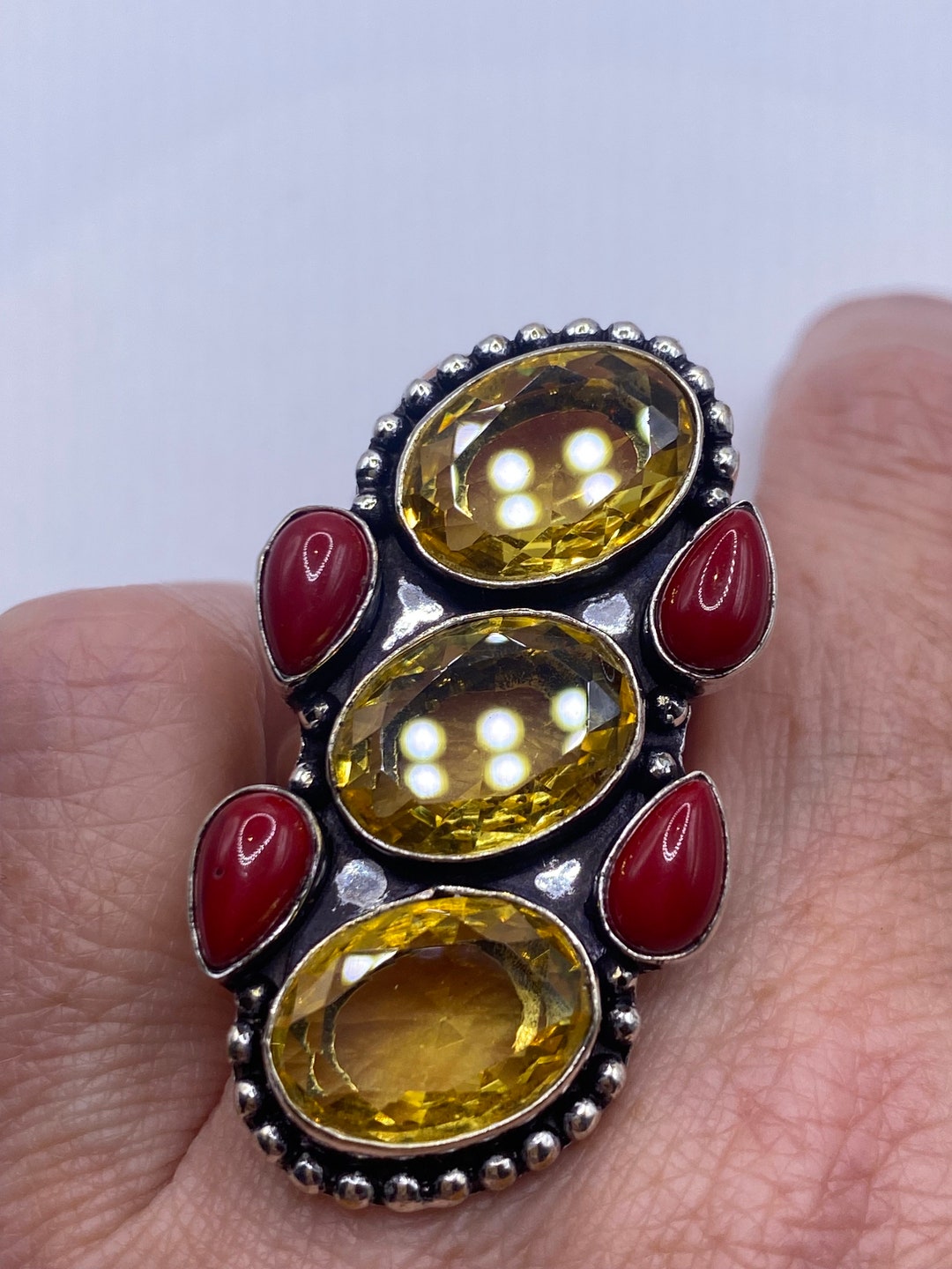 Vintage Red Coral Citrine Boho Ring Size 8.75 - Etsy