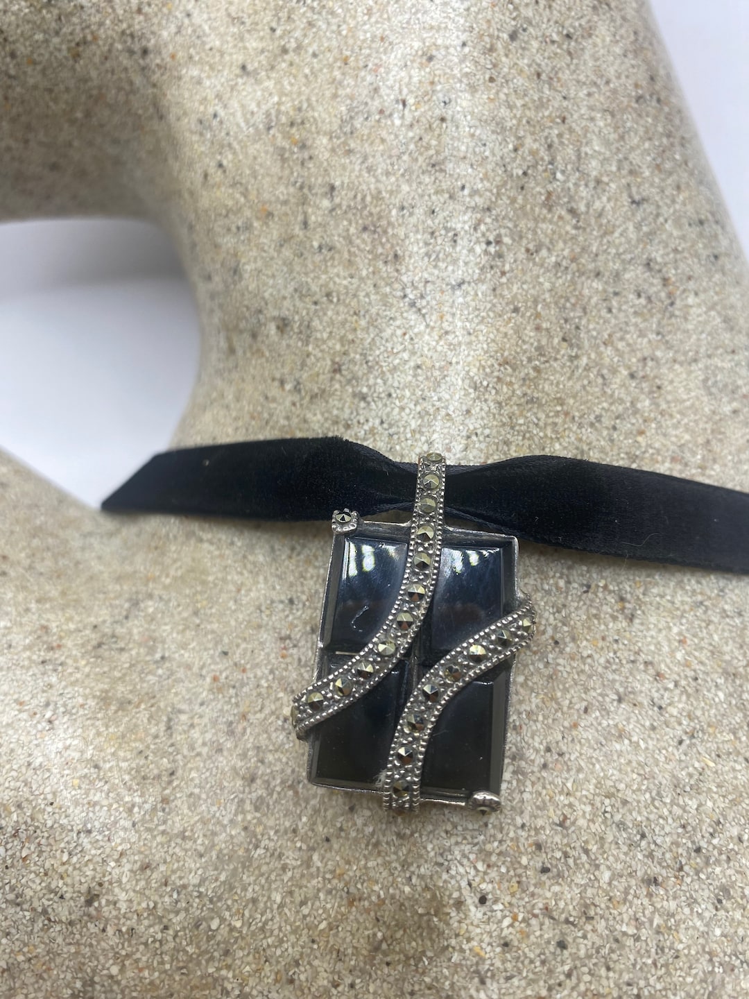 Vintage Marcasite Choker 925 Sterling Silver Black Onyx Pendant ...