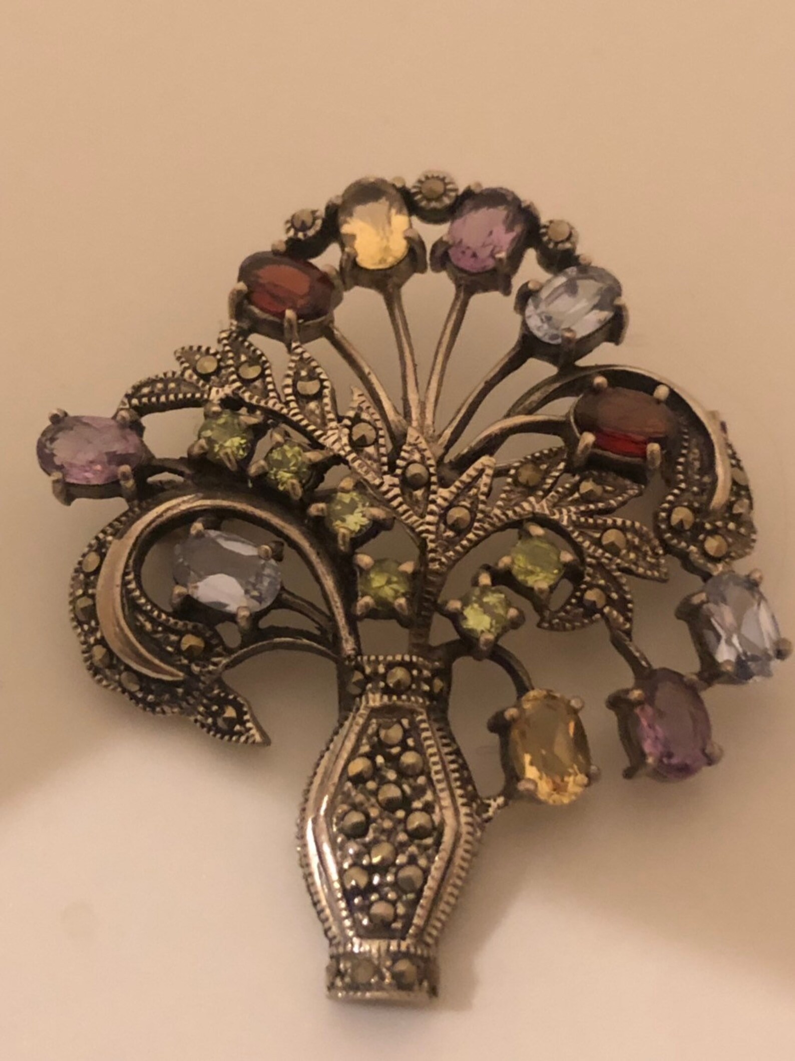 Vintage Handmade Genuine Gemstone Marcasite 925 Sterling Silver Brooch ...