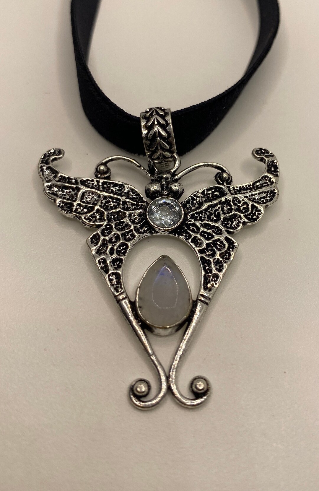Vintage Lunar Moth Choker Blue Aquamarine Rainbow Moonstone Necklace - Etsy