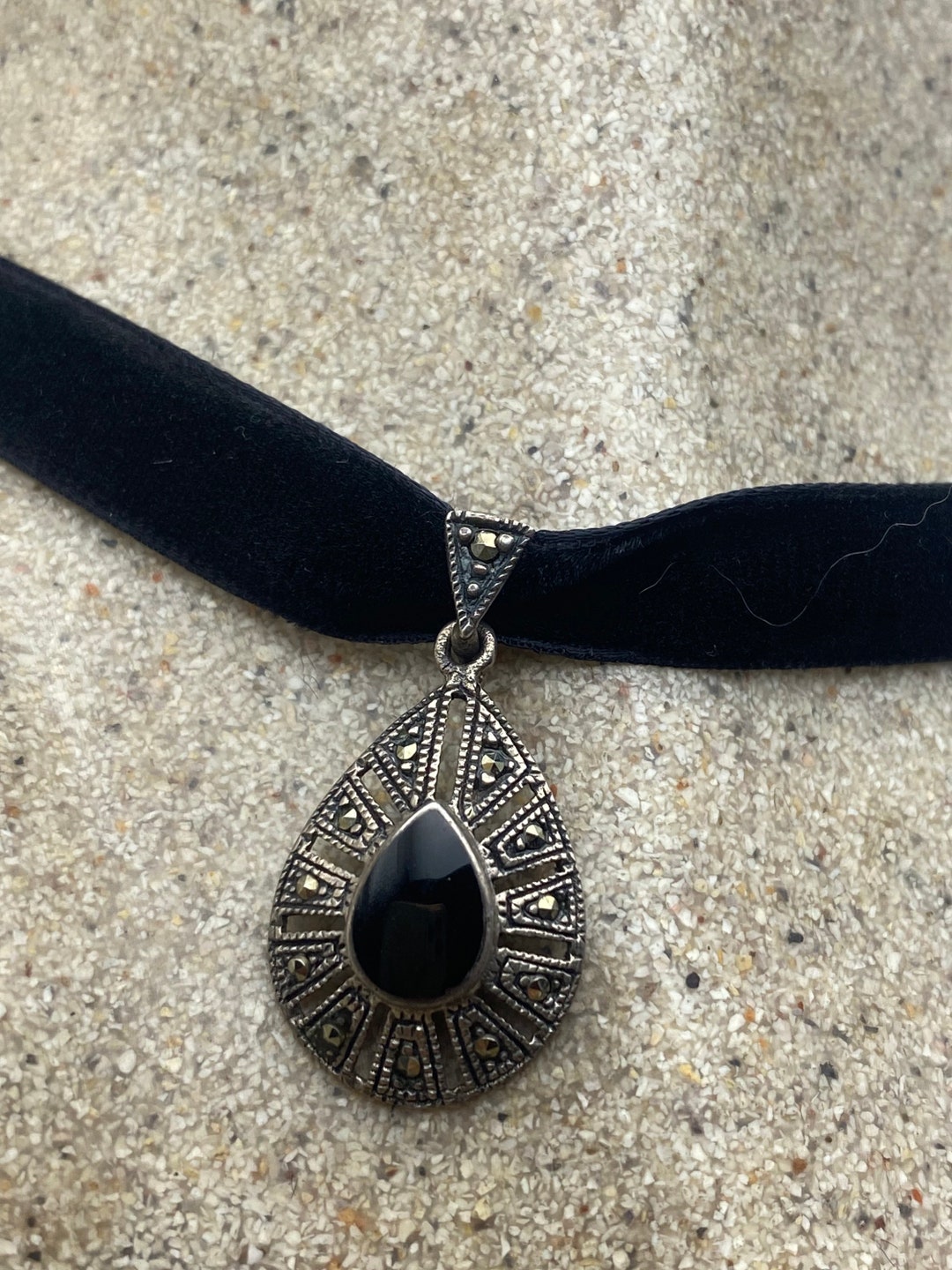 Vintage Black Onyx Marcasite Choker 925 Sterling Silver Deco Pendant ...