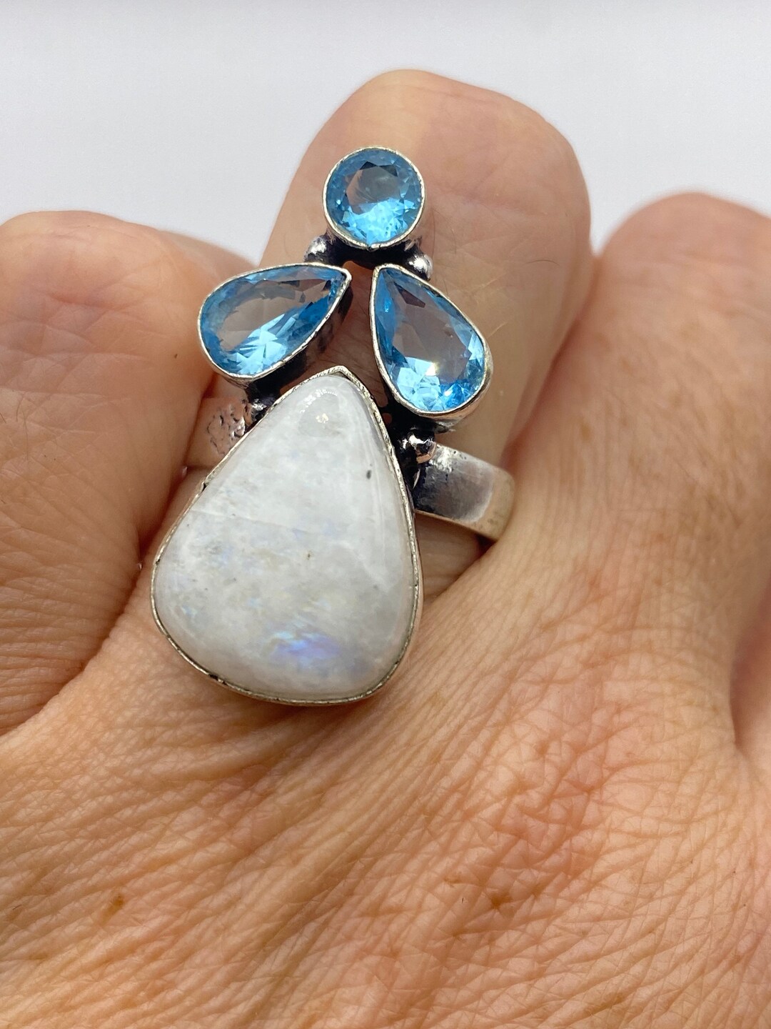 Vintage Large Blue White Rainbow Moonstone Blue Topaz Silver Ring ...