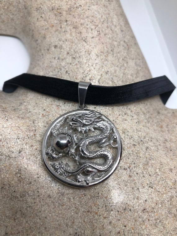 Vintage Stainless Steel Dragon Amulet Pendant - Gem