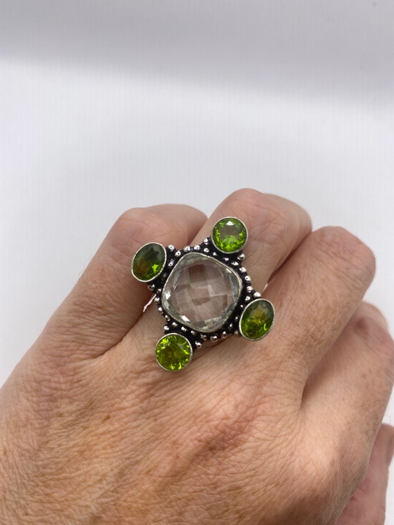 Vintage Clear Quartz Green Peridot Cocktail Ring - Gem