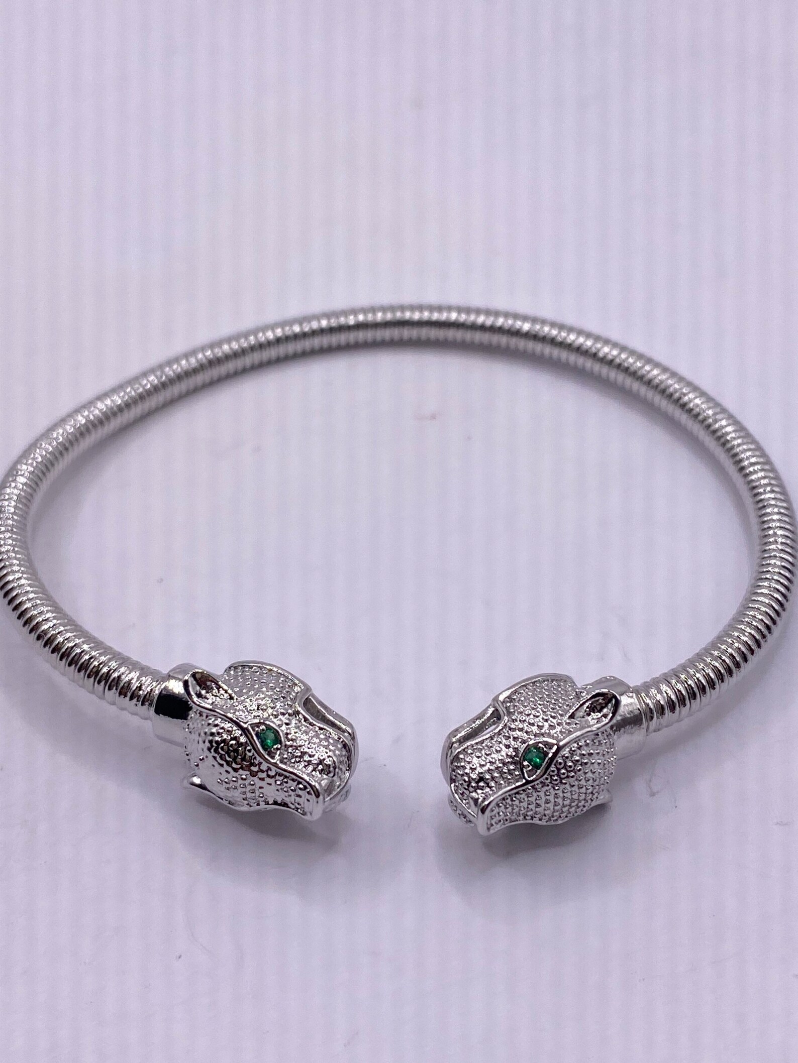 Vintage Cougar Cat Bangle Bracelet White Golden Filled Green Crystal ...