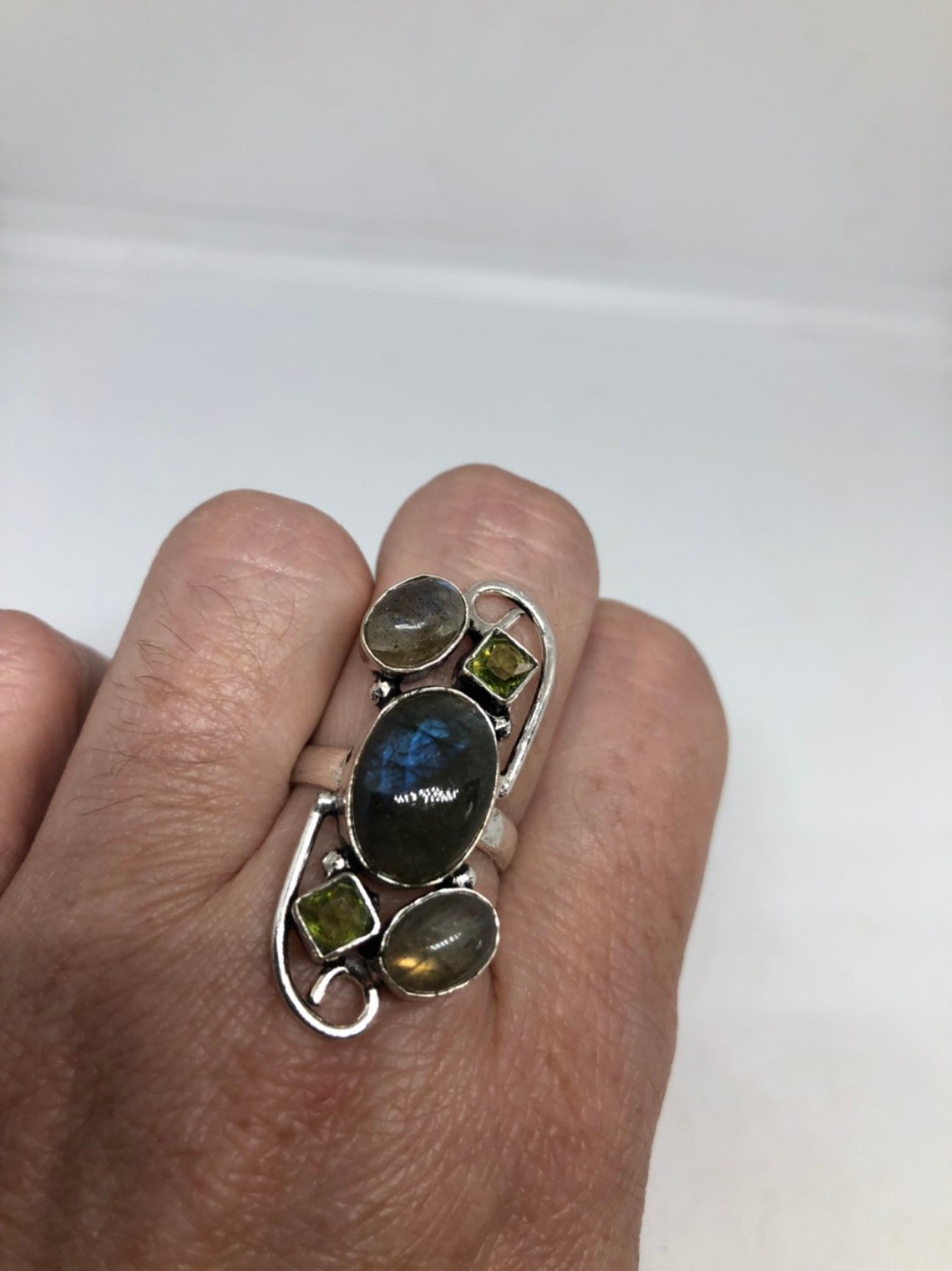 Vintage Large Blue Green Labradorite and Peridot Stone Silver - Etsy
