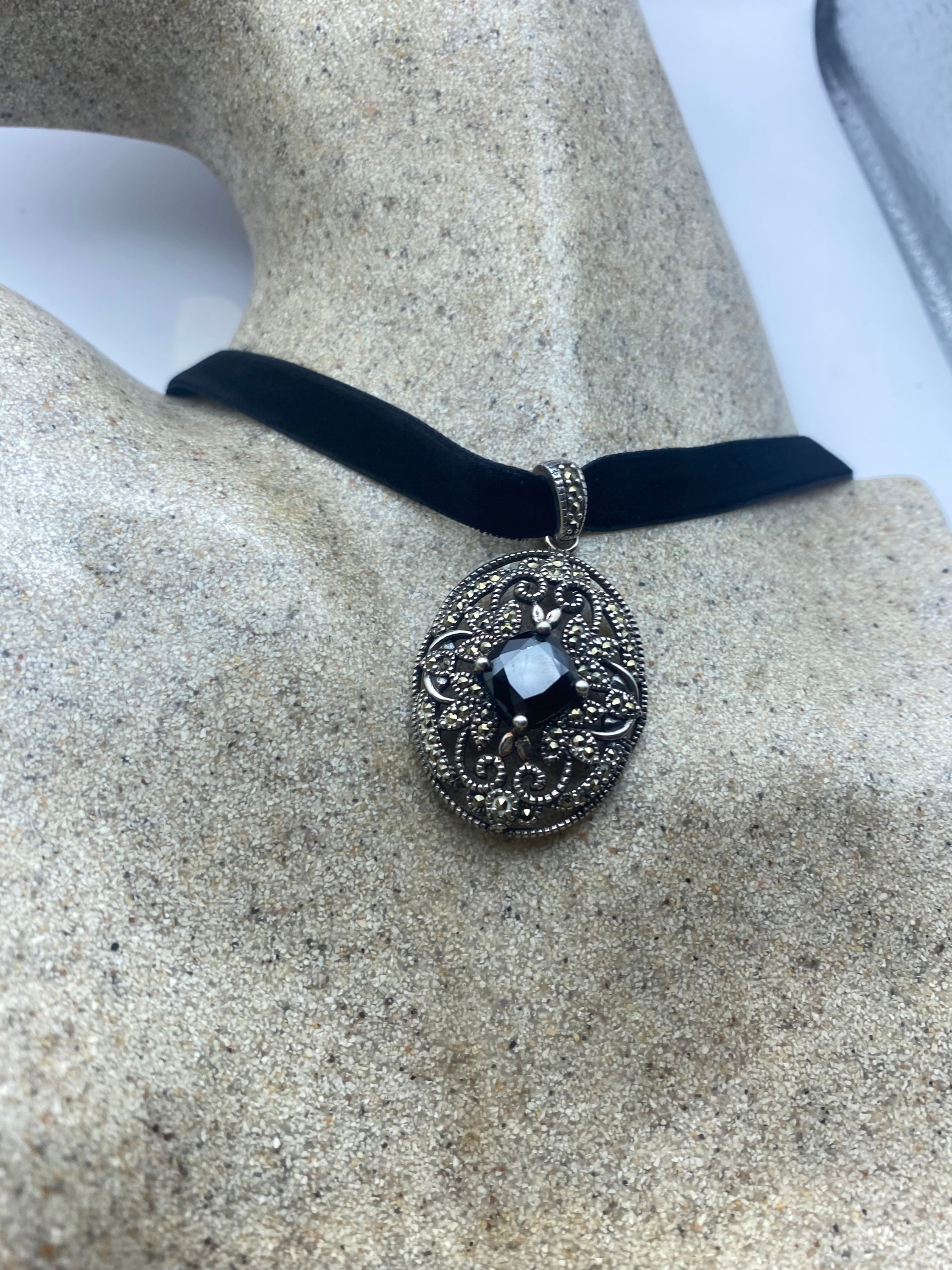 Vintage Black Onyx Marcasite Choker 925 Sterling Silver Deco Pendant ...