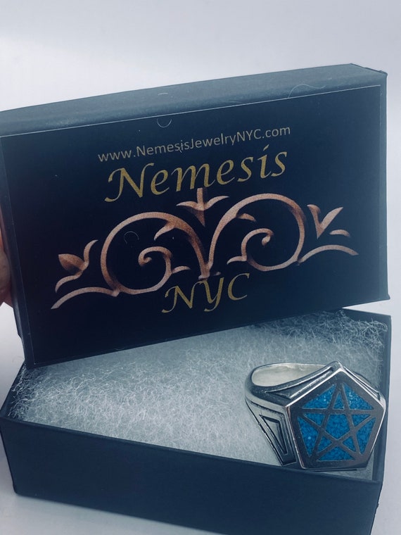 Vintage Gothic Blue Turquoise Pentacle Star Mens Ring - Gem