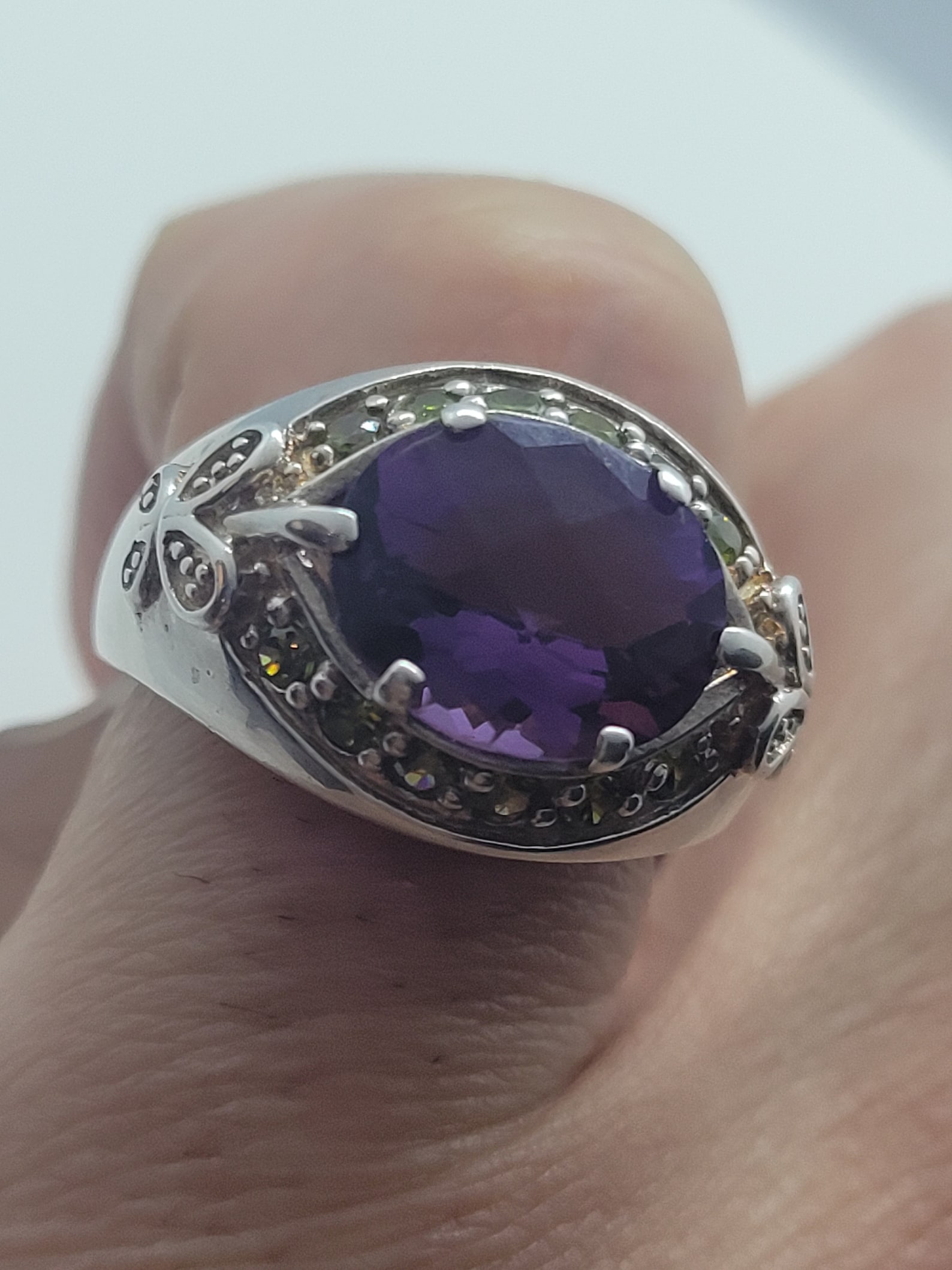 Vintage Purple Amethyst With Green Peridot Sidestones Ring in 925 ...