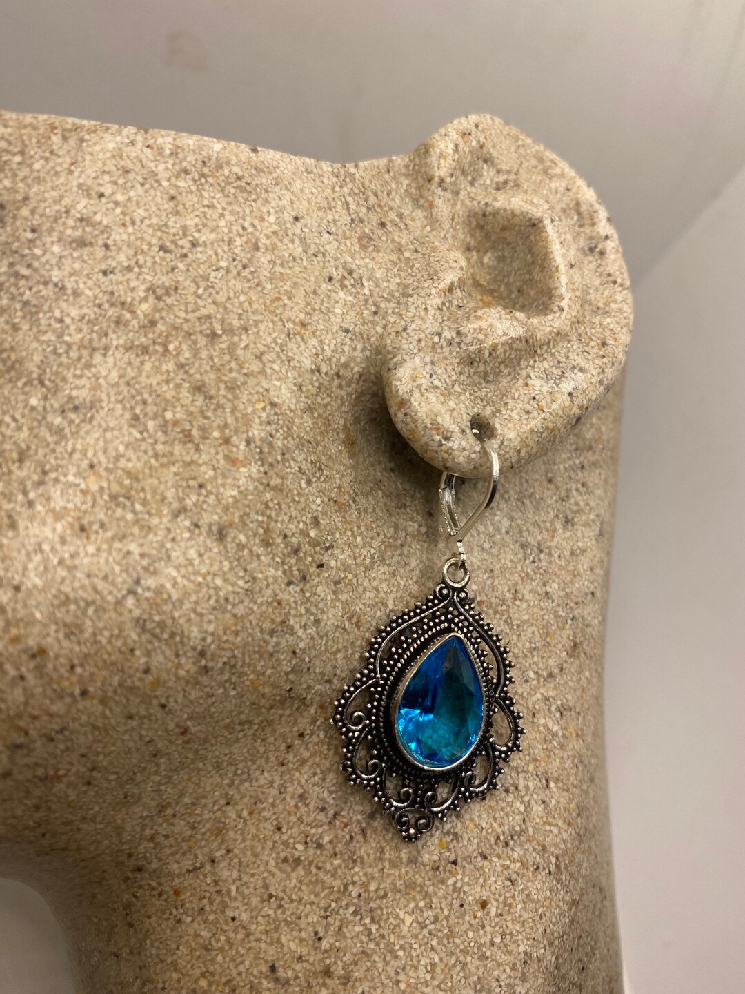 Antique Vintage Aqua Blue Volcanic Glass Silver Dangle Earrings - Etsy