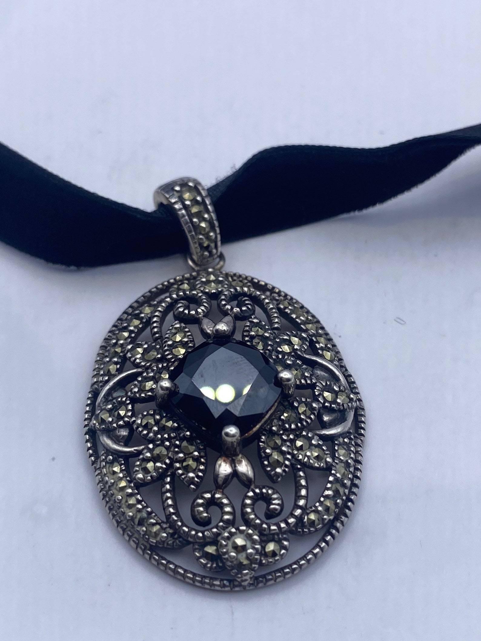 Vintage Black Onyx Marcasite Choker 925 Sterling Silver Deco Pendant ...