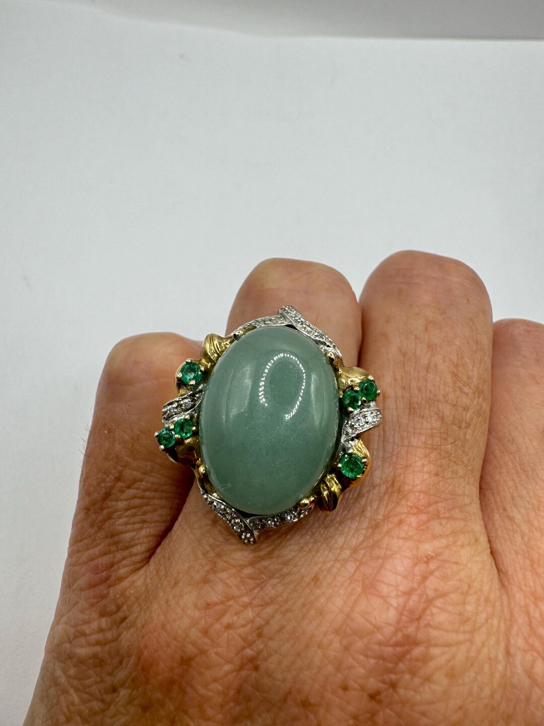 Vintage Green Jade Emerald and Diamond Ring Nephrite Gold 925 Sterling ...