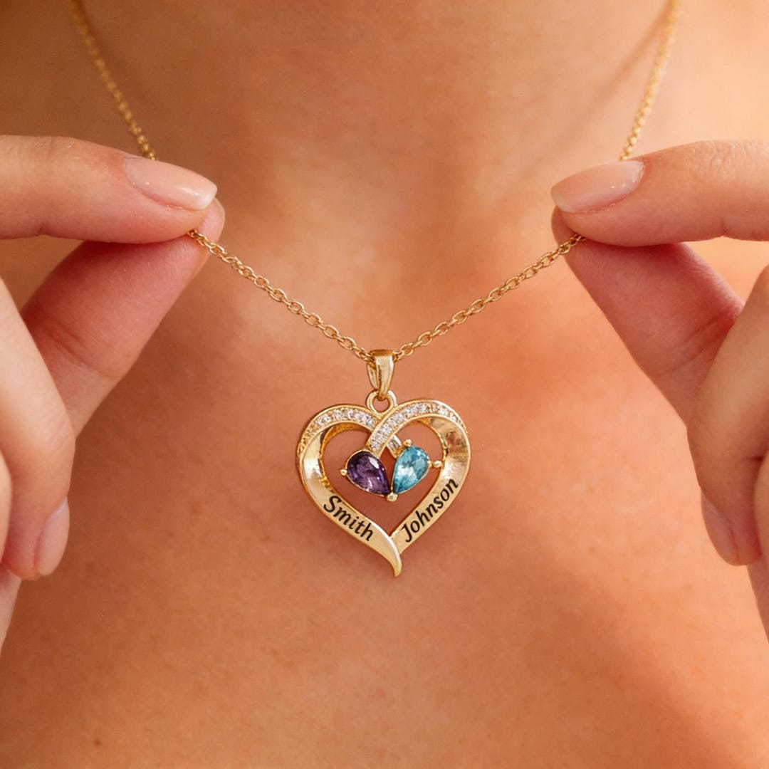 Personalized Heart Pendant Necklace, Custom Two Pear Birthstone Jewelry ...