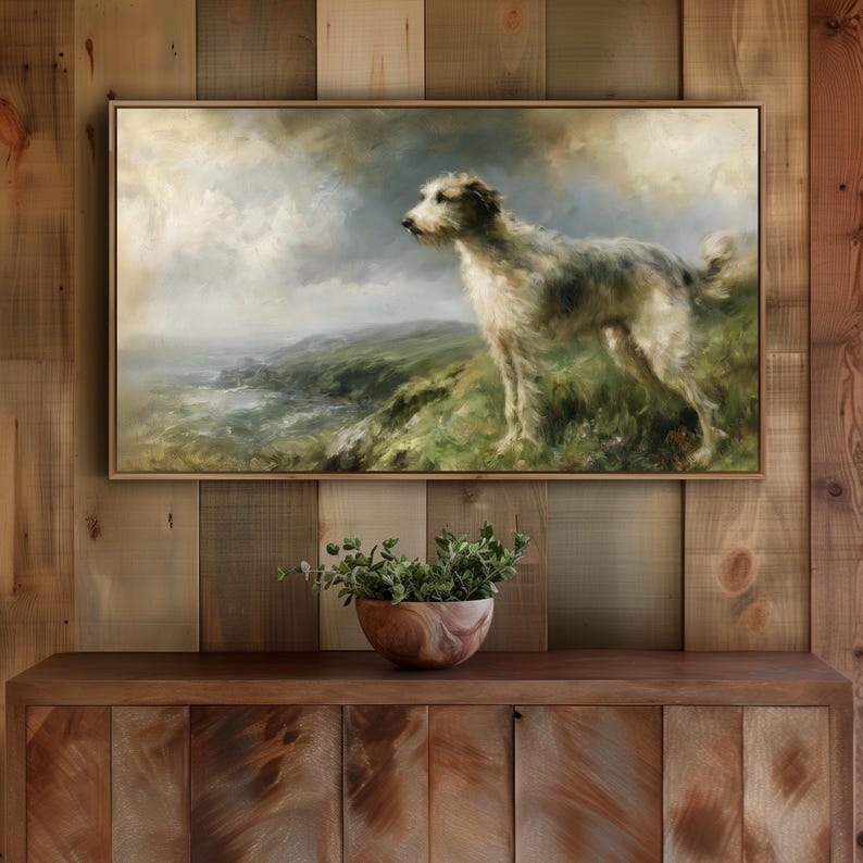 Vintage Irish Wolfhound Cliff Art, Rustic Coastal Landscape, Moody ...