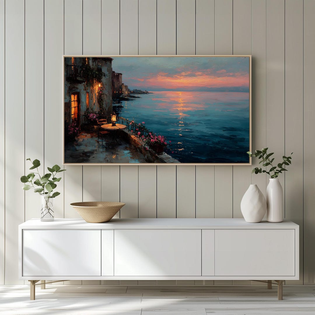 Moody European Coastal Village Frame TV Art, Classic Sunset Seascape ...
