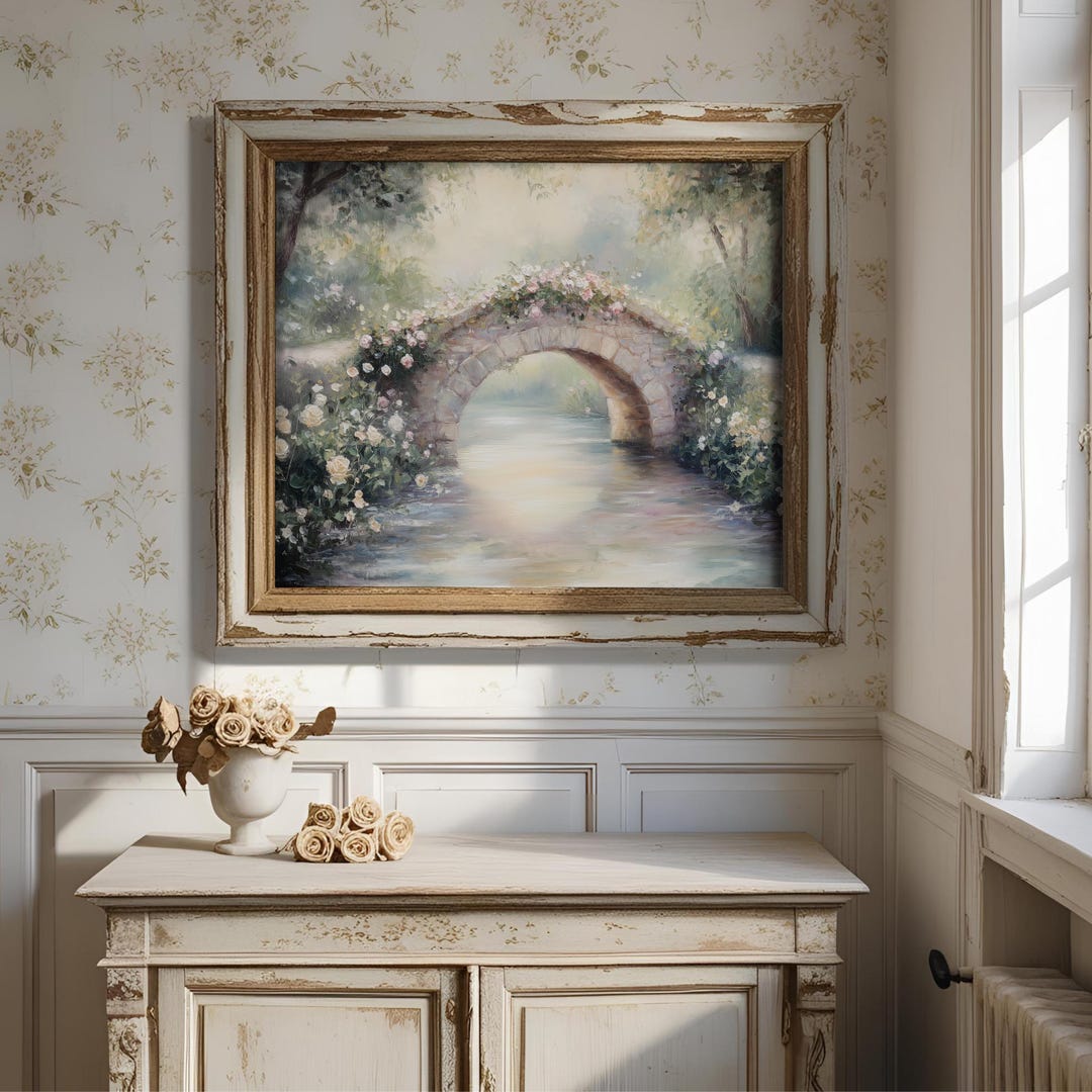 Vintage Arched Stone Bridge Oil Painting - Romantic Pastoral ...