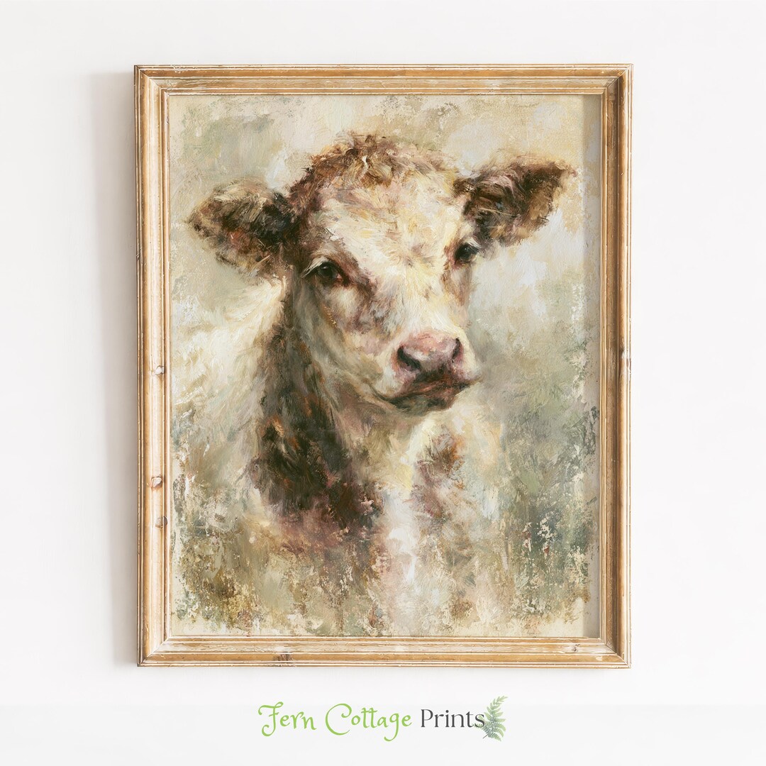 Farmhouse Dairy Cow Portrait – Rustic Vintage Painting, Cozy Country ...