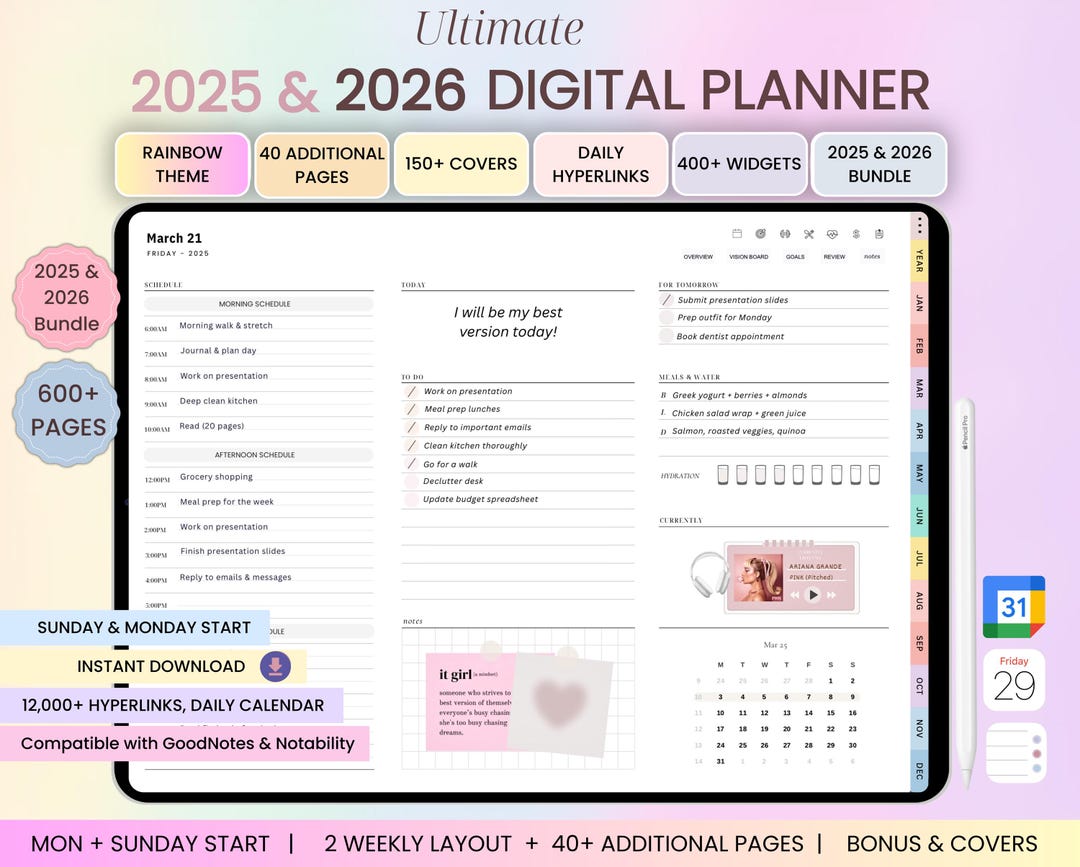 2025-2026 Rainbow Pastel Digital Planner: Hyperlinked Landscape Layout ...