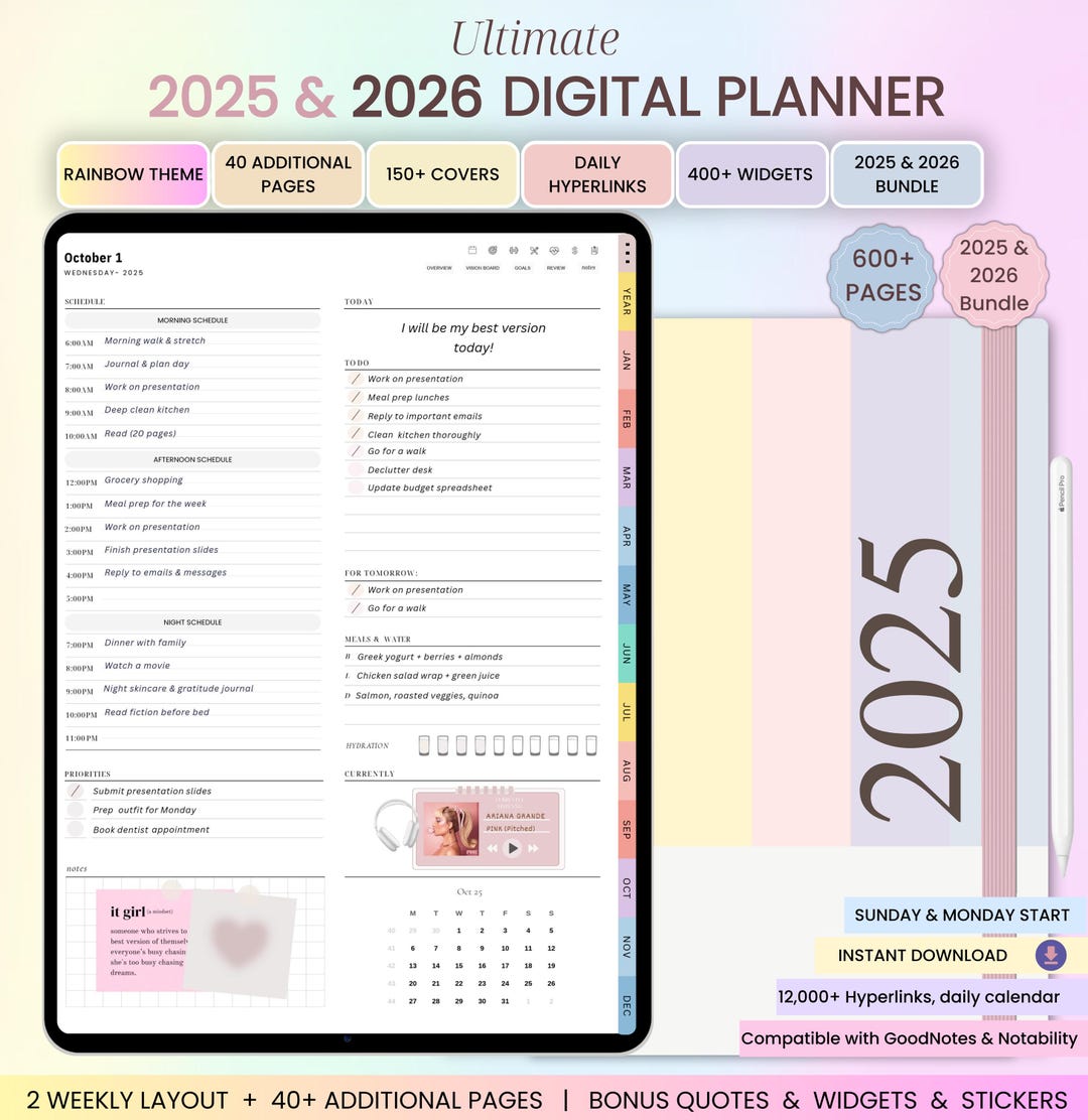 2025-2026 Rainbow Pastel Digital Planner: Goodnotes, Notability (PDF ...