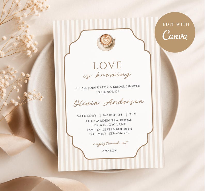 Love is Brewing Bridal Shower Invitation, Stripe Beige Brown, Coffee ...