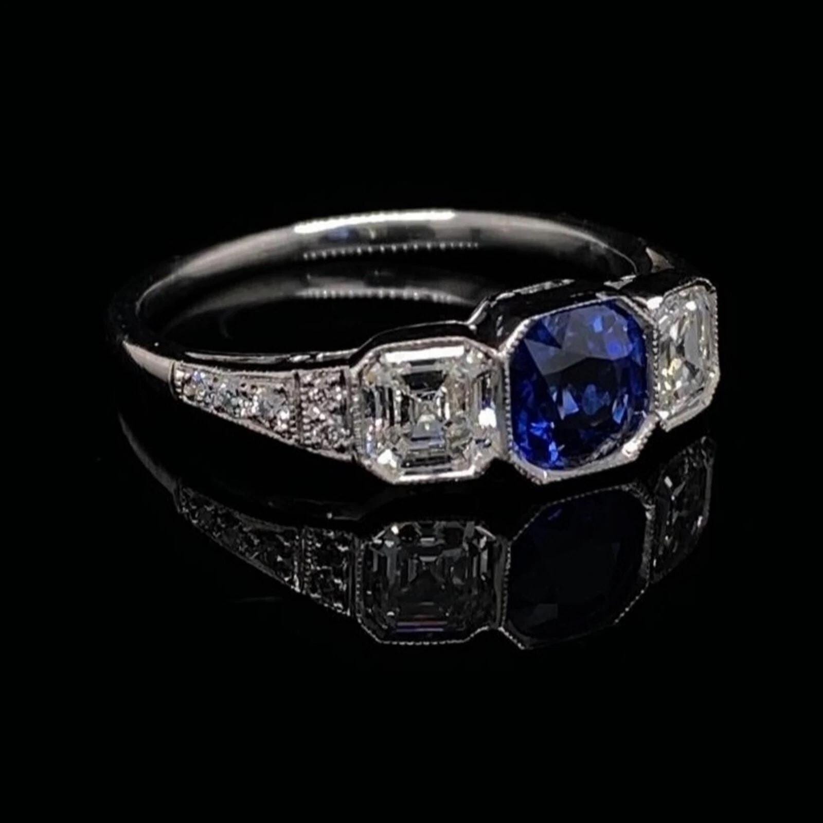 Art Deco Blue Sapphire & Asscher Cut CZ Three-stone Ring 14K White Gold ...