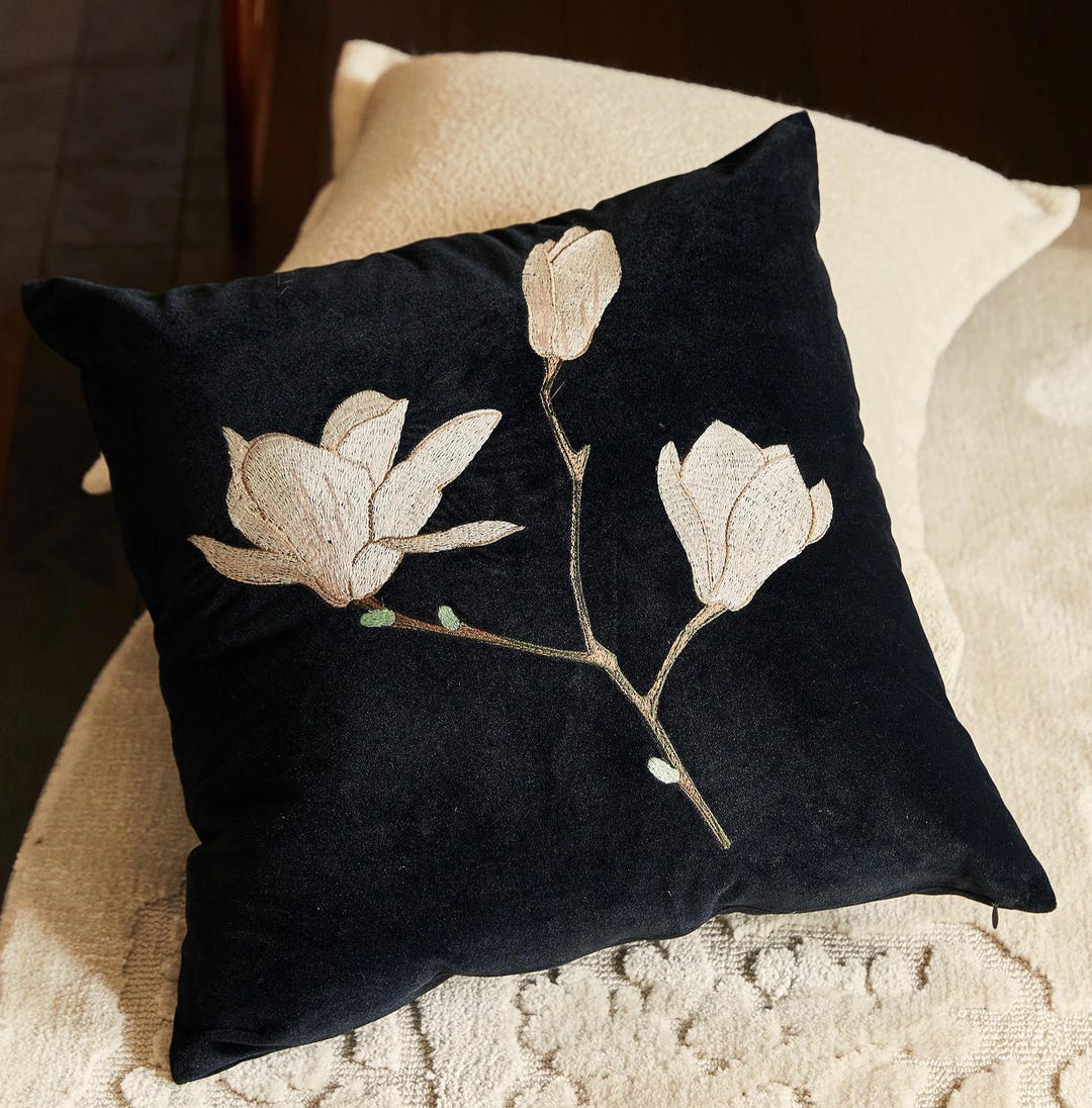 Handmade Magnolia Pillow Cover, Black Velvet Embroidered Cushion Cover ...