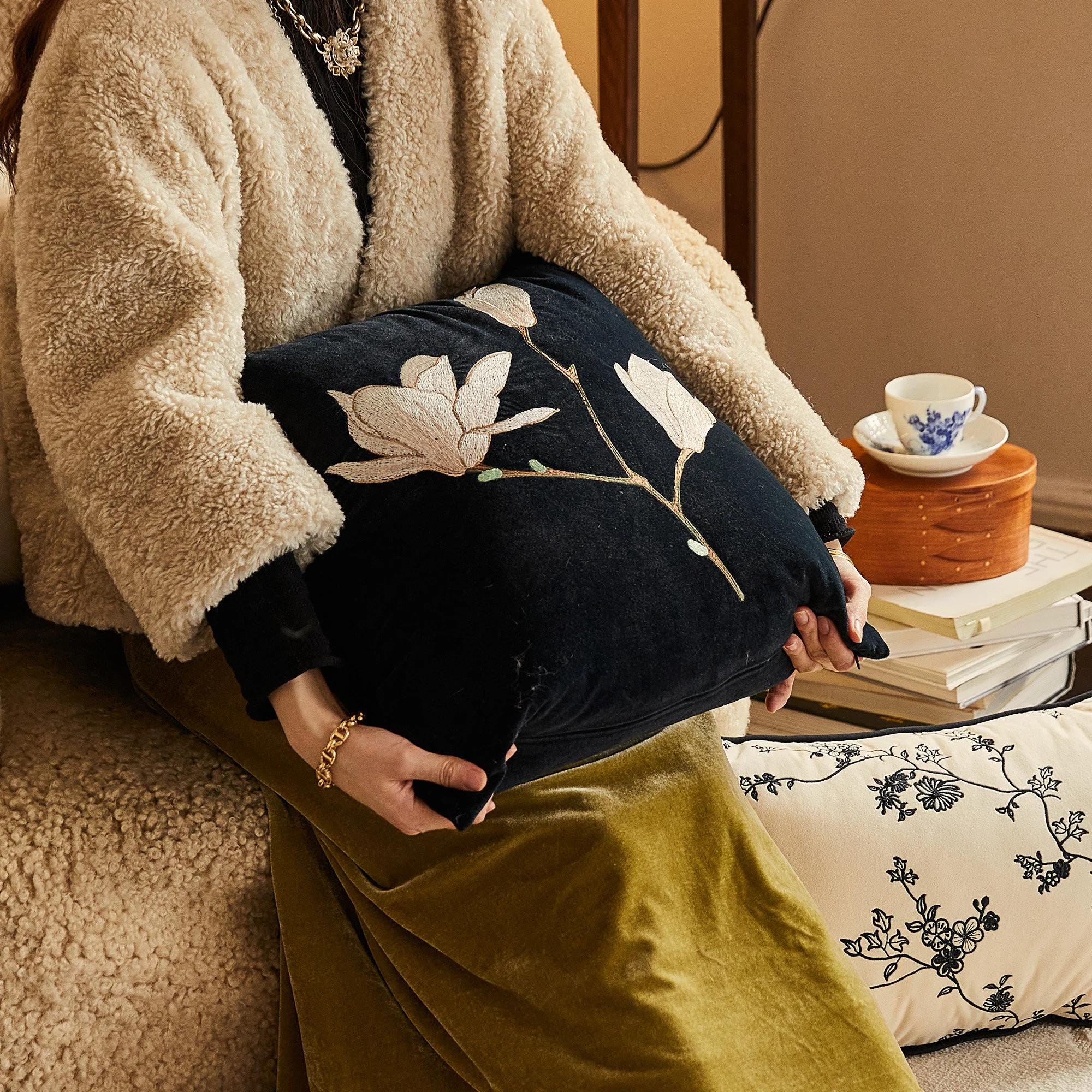 Black Velvet Magnolia Pillow Cover, Embroidered Floral Cushion ...