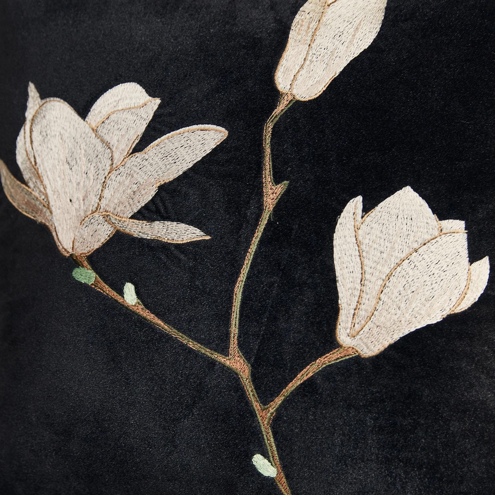 Black Velvet Magnolia Pillow Cover, Embroidered Floral Cushion ...