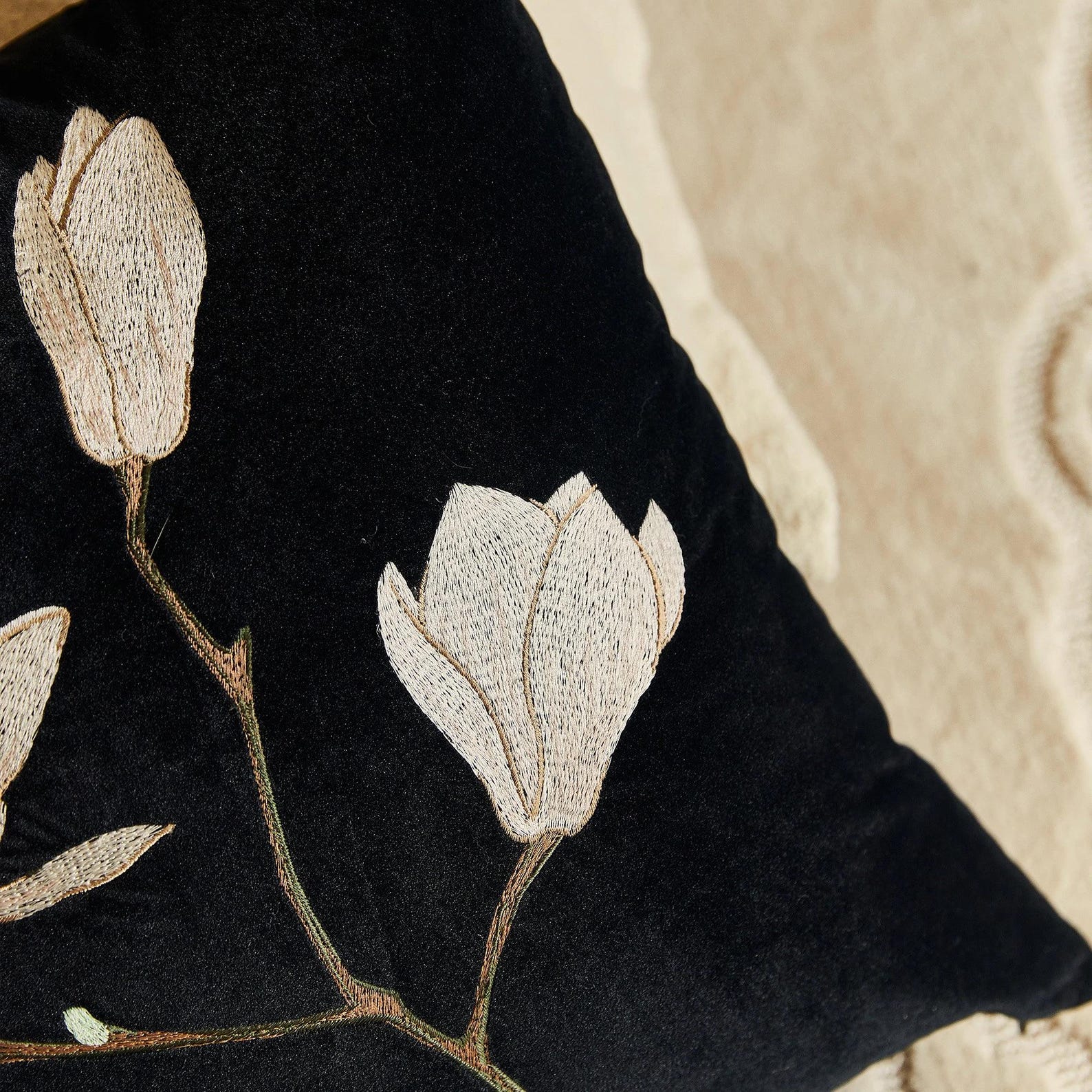 Black Velvet Magnolia Pillow Cover, Embroidered Floral Cushion ...