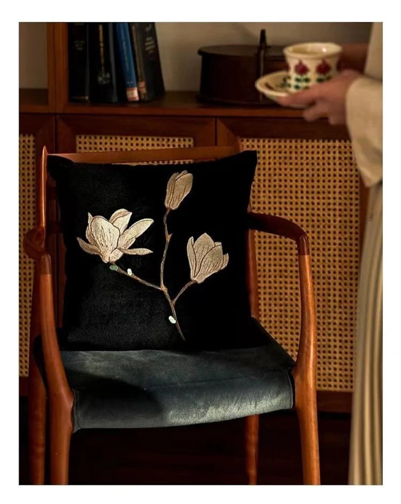 Black Velvet Magnolia Pillow Cover, Embroidered Floral Cushion ...