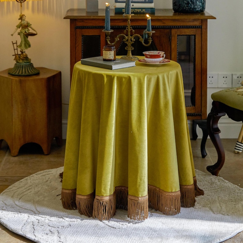 Mustard Velvet Round Tablecloth With Fringe, Elegant Dining Table Decor ...