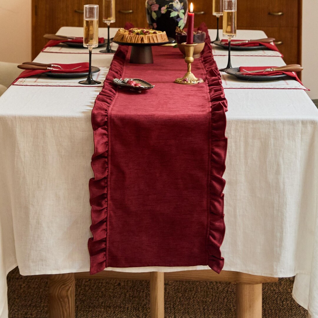 Burgundy Chenille Ruffle Table Runner, Wedding Banquet Decor - Etsy