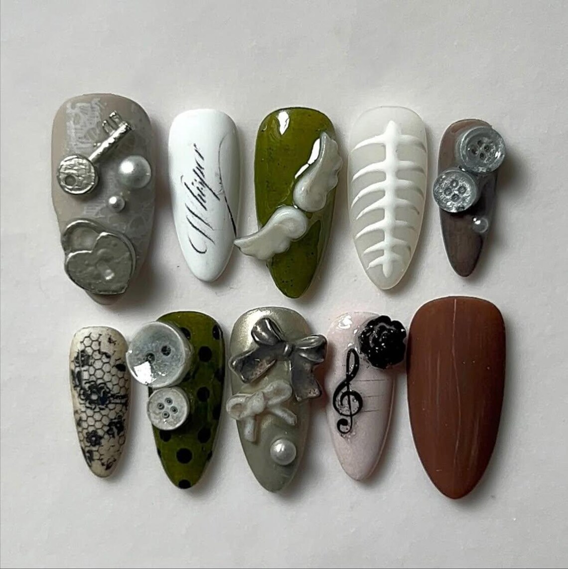 Vintage Button Press on Nails for Women | Olive White Brown 3D Bow ...