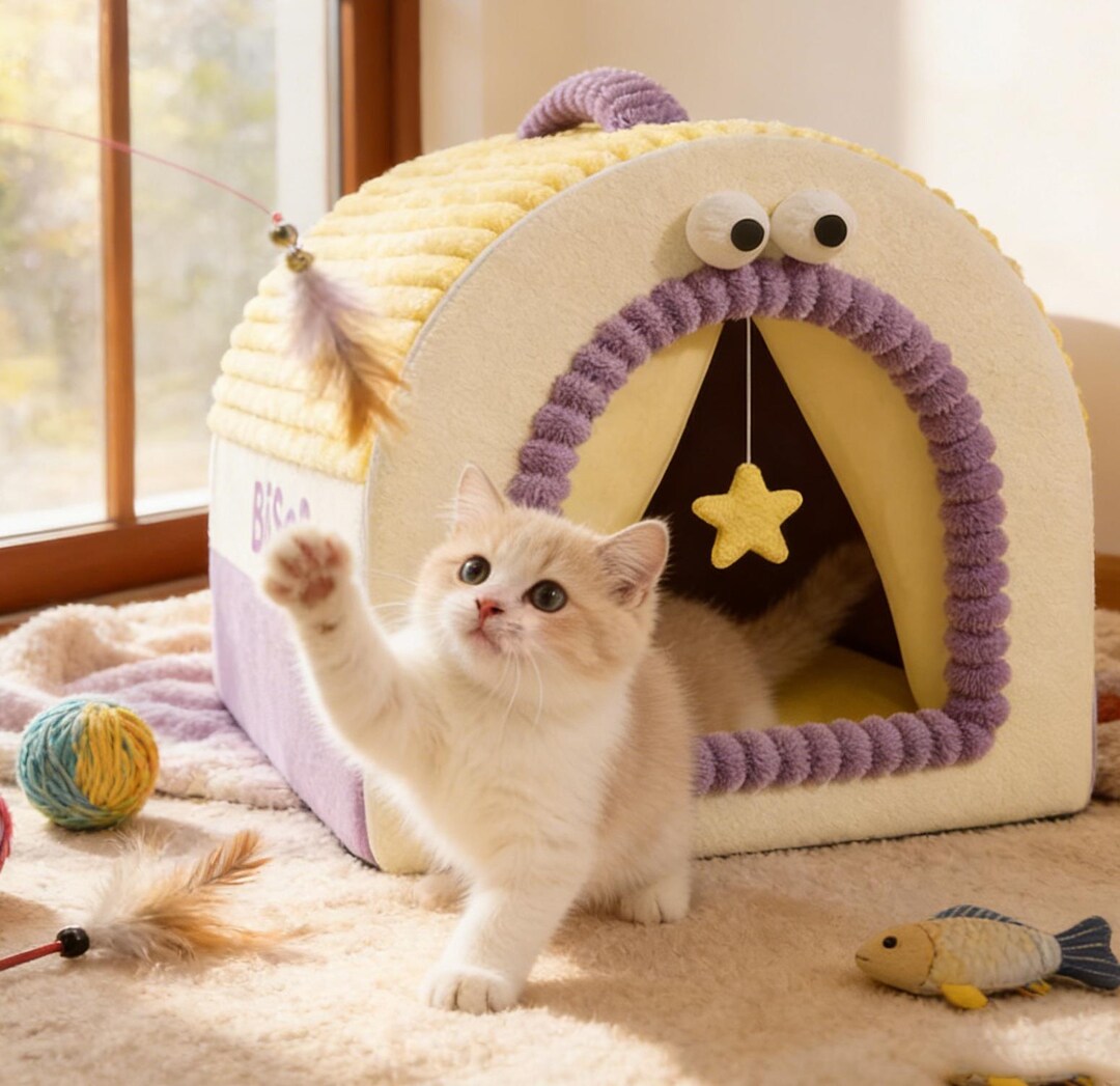 Handmade Monster Cat Cave Bed - Kawaii Yellow & Purple Plush Kitten ...