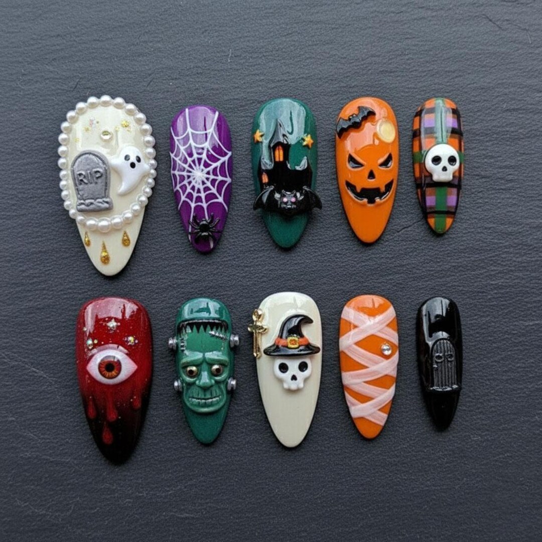 Handmade Spooky Halloween Press on Nails Tombstone, Spider Web, Bat ...