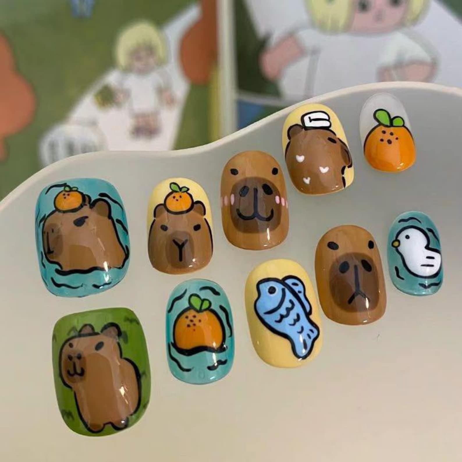 Handmade Cute Capybara Press on Nails Cartoon Capybara, Oranges, Fish ...