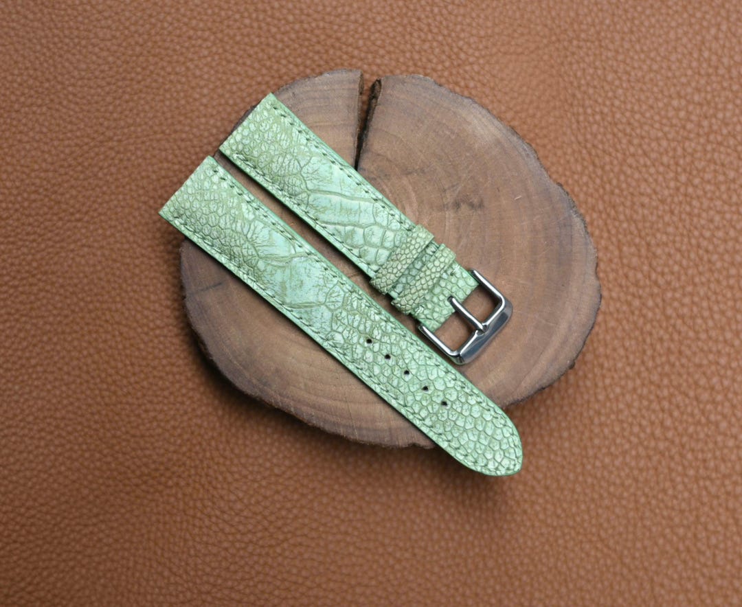 Waxed Green Pastel Ostrich Leather, Watch Strap Band, Handmade ...
