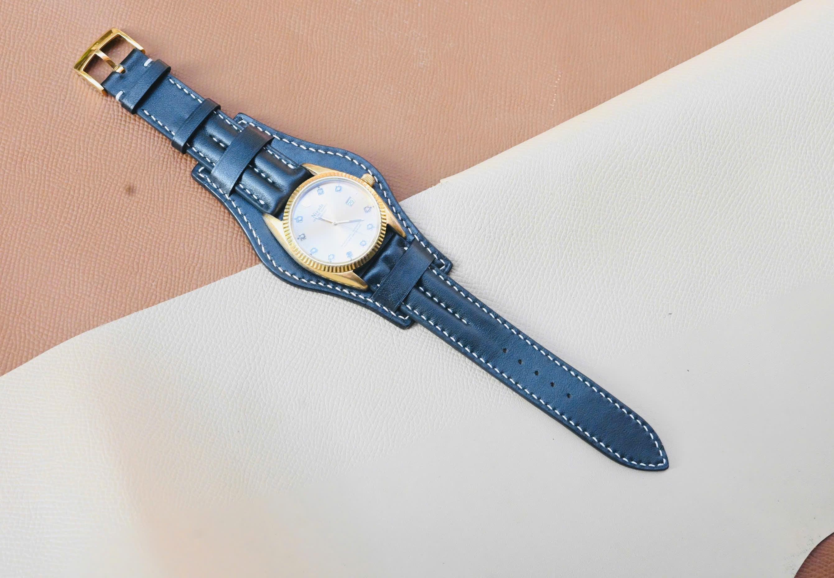 Handmade Bund Strap Band, Black Buttero Leather Watch Strap, Double ...