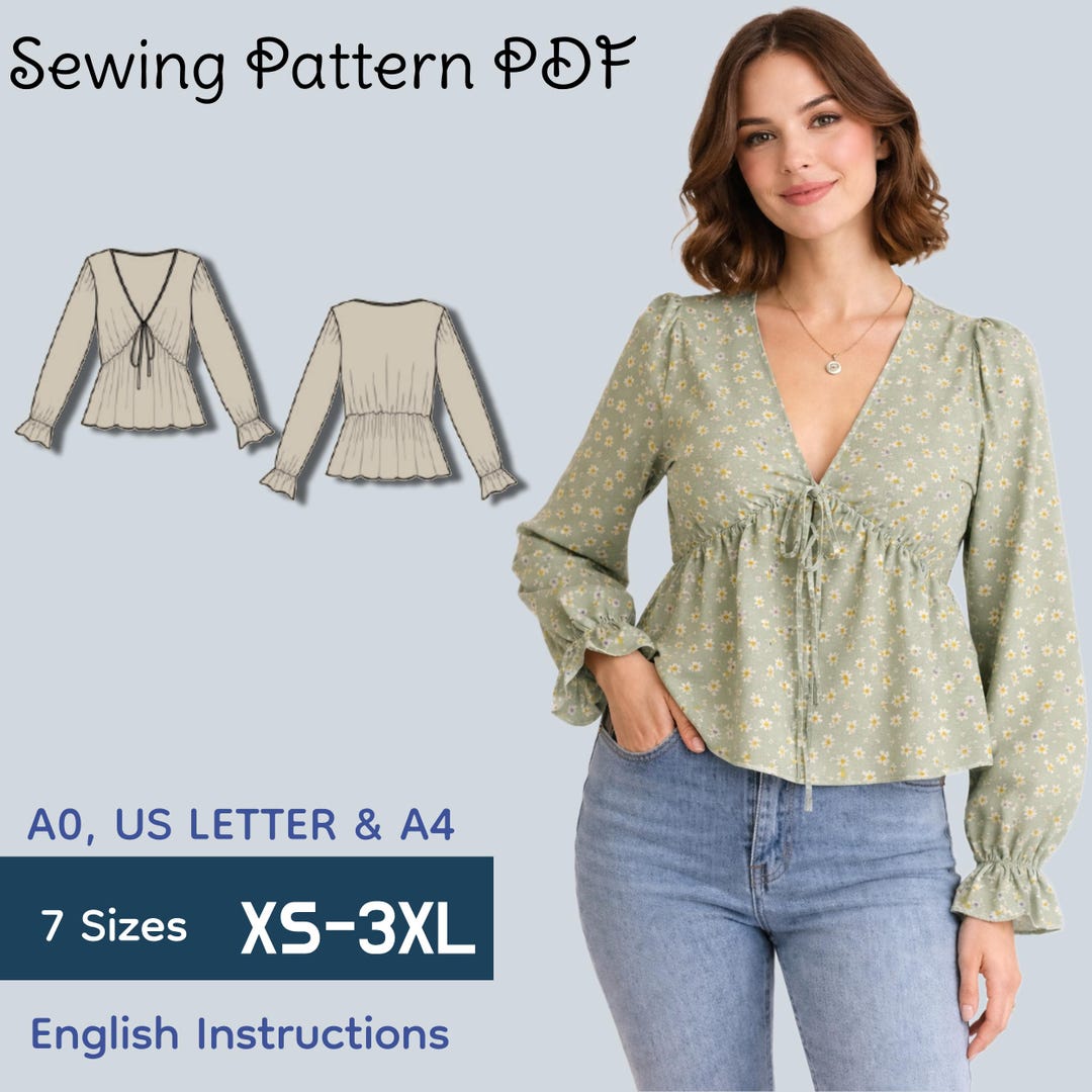 Front Tie Peplum Blouse Sewing Pattern PDF | Boho Women Top | XS–XXXL ...