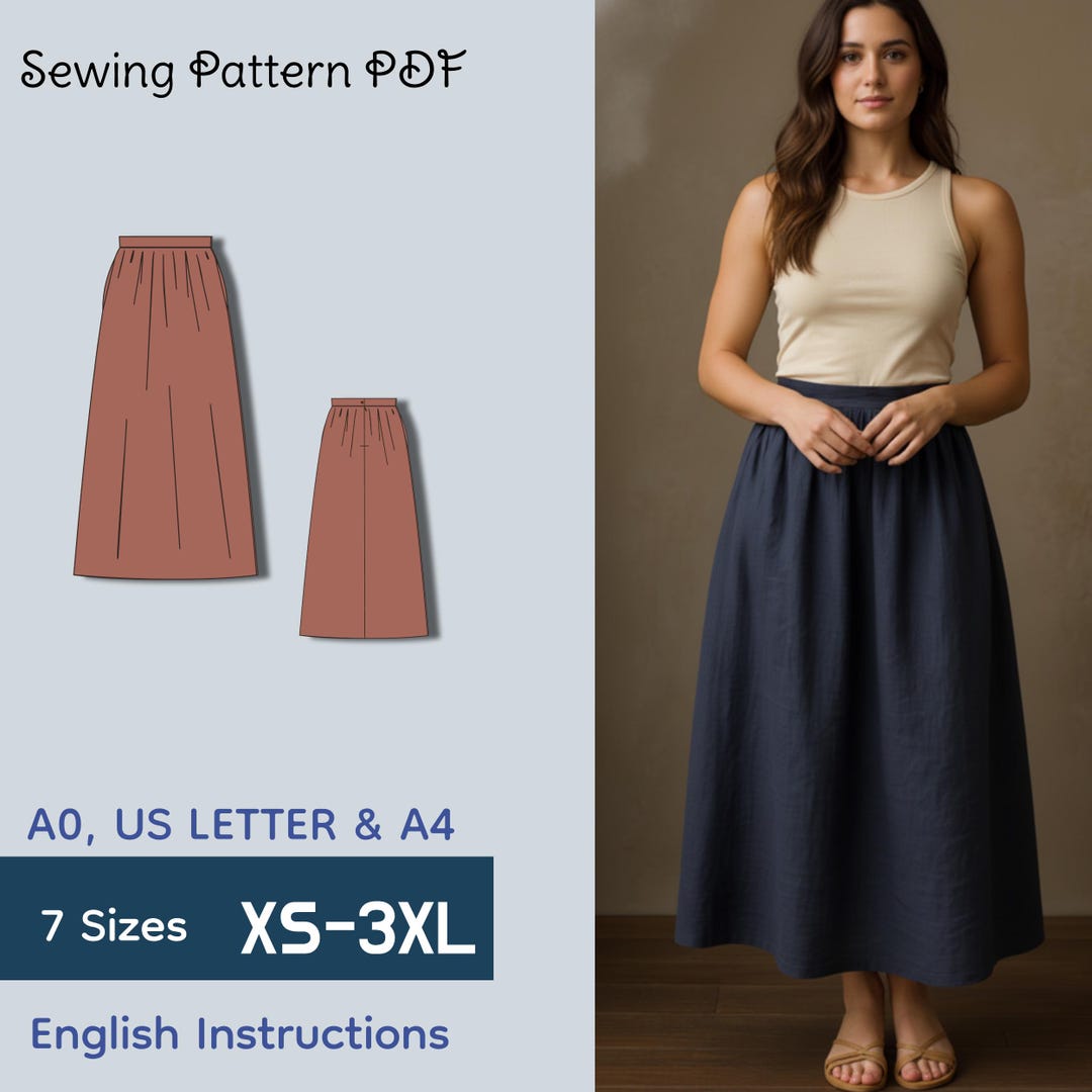 Linen Maxi Skirt Sewing Pattern PDF • Long Gathered Skirt With Pockets ...