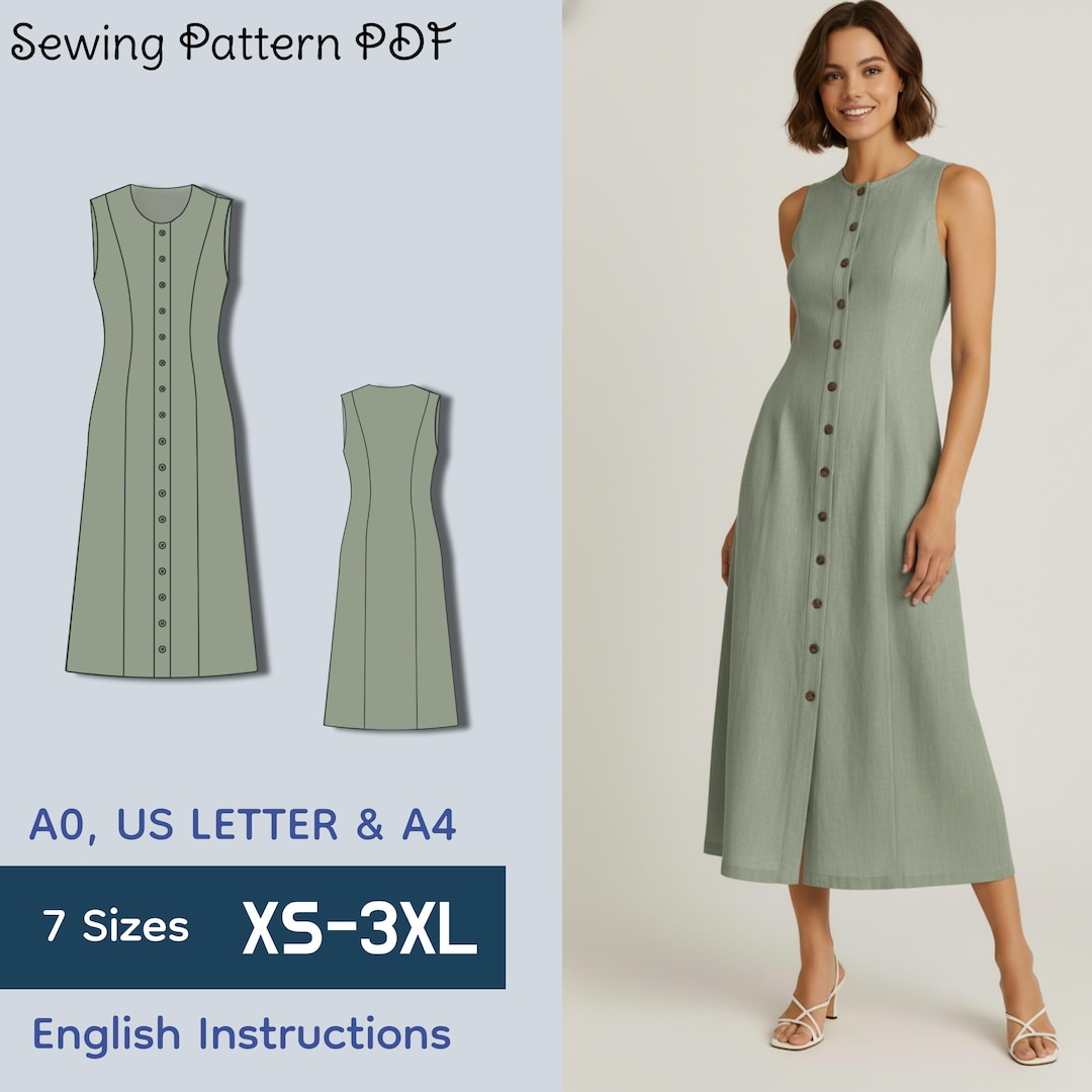 Linen Button Front Dress Sewing Pattern PDF | Sleeveless A-line Summer ...