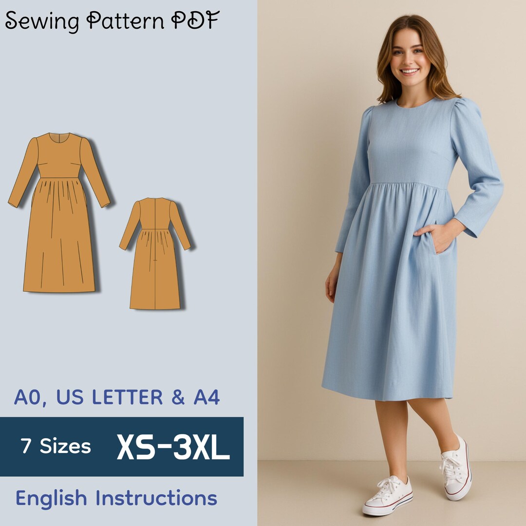 Puff Sleeve Linen Dress Sewing Pattern PDF | A-line Midi Dress With ...