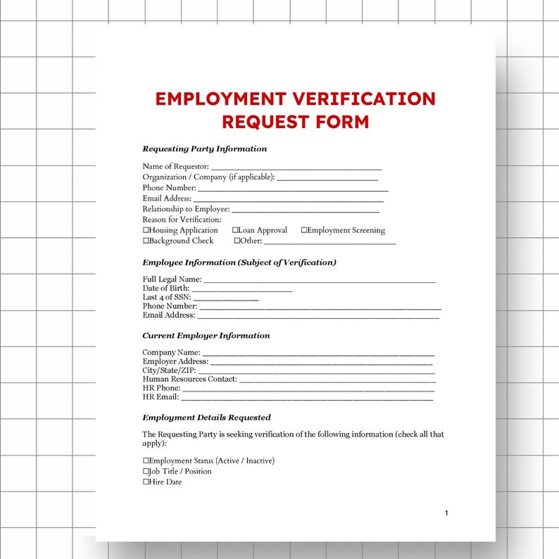 Employment Verification Request Form Ready to Print & Editable on ...