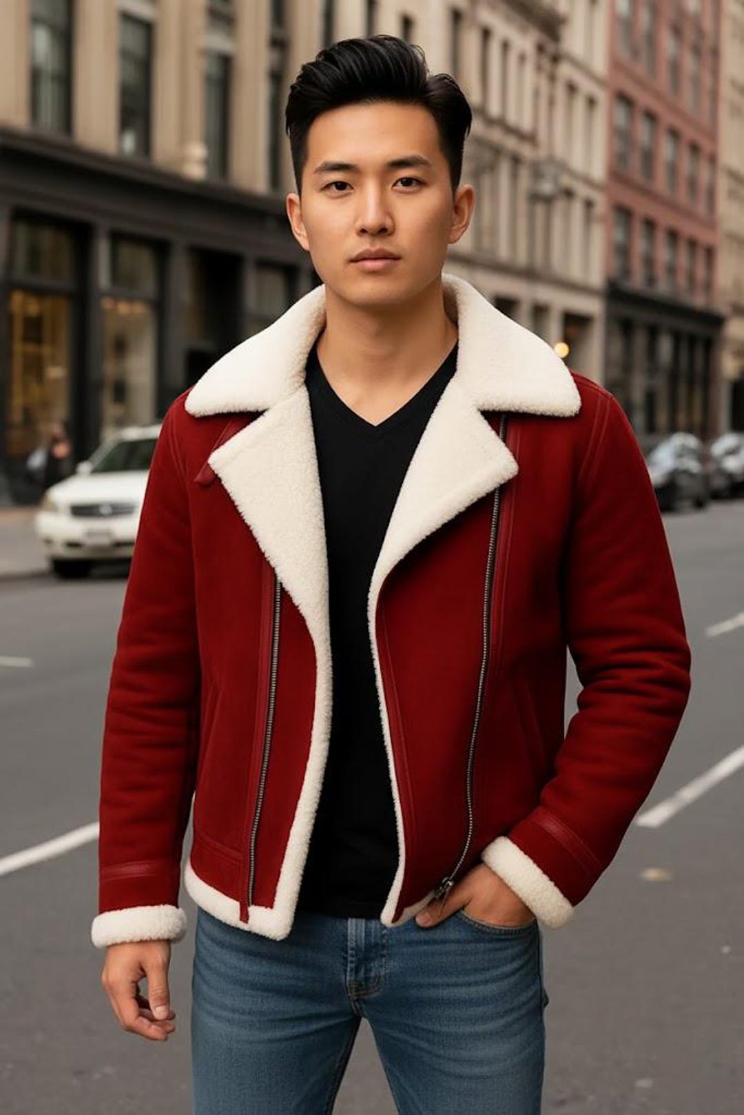 Men's Red Shearling-lined Aviator Jacket | Luxury Bomber Fleece Collar ...